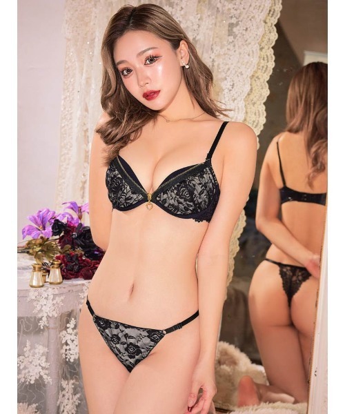 DRW（ドロー）の「ロージー レース ファスナー ブラジャー バック透け Tバック ショーツ セット（ブラ&ショーツ）」 - WEAR