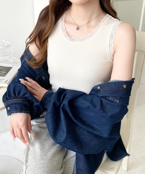 moment+（モーメントプラス）の「ドットプリント＆無地テレコリブレースタンクトップ（タンクトップ）」 - WEAR