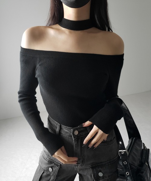 me+em select（ミームセレクト）の「【 2color 】チョーカーオフショルリブニットトップス ／choker offshoulder lib knit tops（ニット/セーター ...