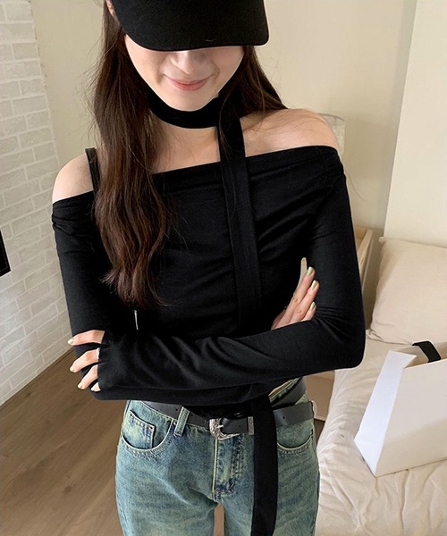 【セール】【 BARELY BLUE / ベアリーブルー 】 スカーフ付き ギャザー オフショルダー トップス（Tシャツ/カットソー ...