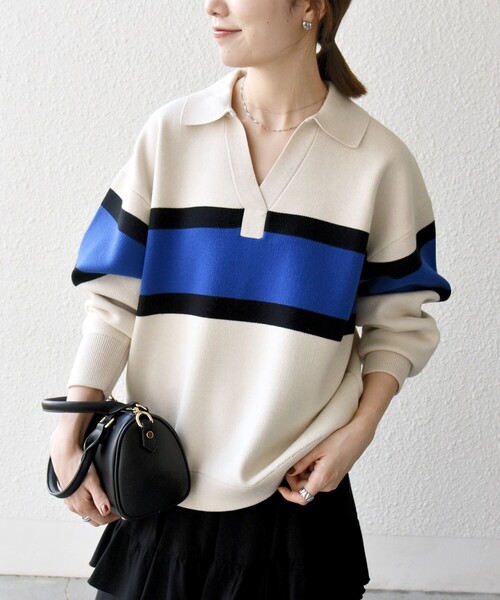 セール】SHIPS any:〈手洗い可能〉パネル ボーダー スキッパー ニット