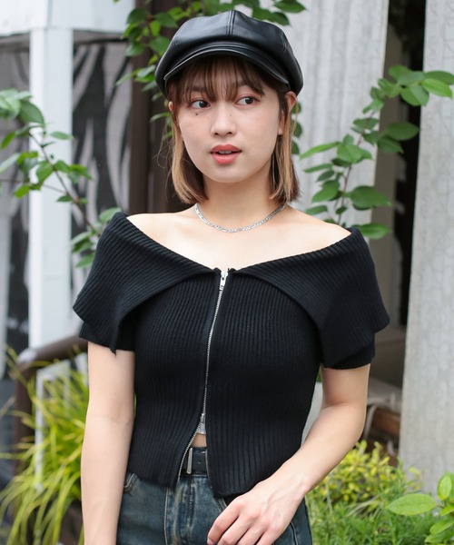 SPINNS（スピンズ）の「Wジップ半袖オフショルニット（ニット/セーター）」 - WEAR