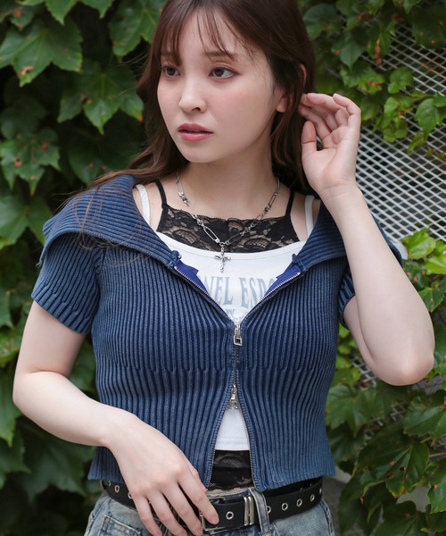 SPINNS（スピンズ）の「Wジップ半袖オフショルニット/染め加工（ニット/セーター）」 - WEAR