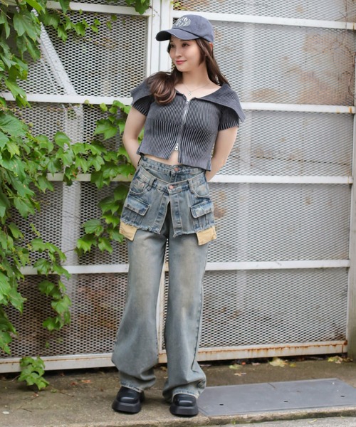 SPINNS（スピンズ）の「Wジップ半袖オフショルニット/染め加工（ニット/セーター）」 - WEAR