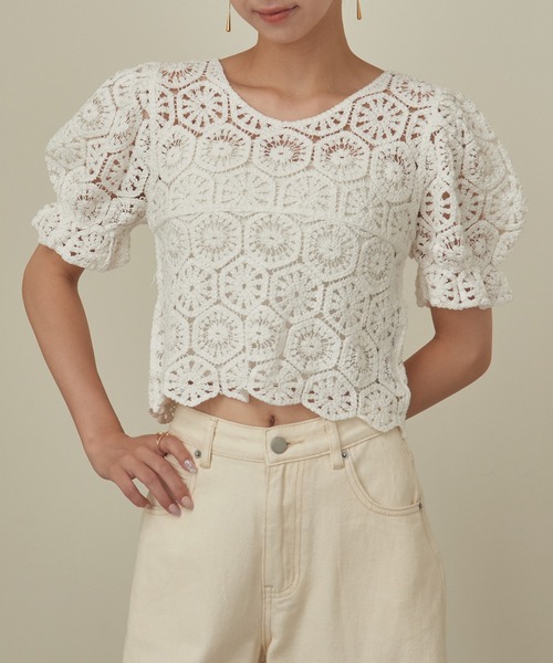 SETUP7（セットアップセブン）の「【SETUP7】クロップ丈パフスリーブ透かし柄ニット SCCH601（ニット/セーター）」 - WEAR