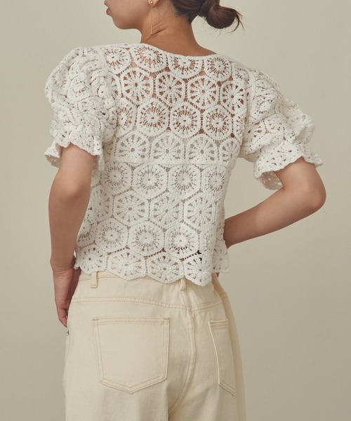 SETUP7（セットアップセブン）の「【SETUP7】クロップ丈パフスリーブ透かし柄ニット SCCH601（ニット/セーター）」 - WEAR