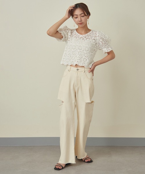 SETUP7（セットアップセブン）の「【SETUP7】クロップ丈パフスリーブ透かし柄ニット SCCH601（ニット/セーター）」 - WEAR