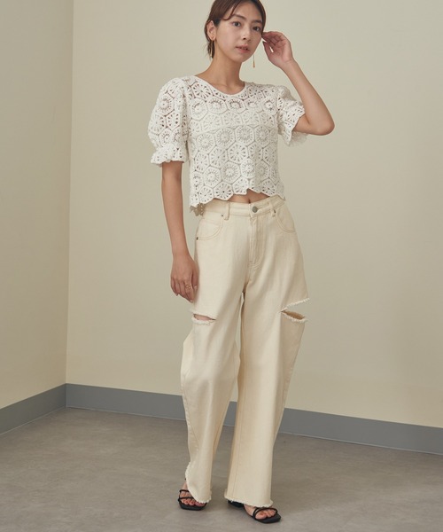 SETUP7（セットアップセブン）の「【SETUP7】クロップ丈パフスリーブ透かし柄ニット SCCH601（ニット/セーター）」 - WEAR