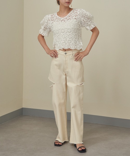 SETUP7（セットアップセブン）の「【SETUP7】クロップ丈パフスリーブ透かし柄ニット SCCH601（ニット/セーター）」 - WEAR