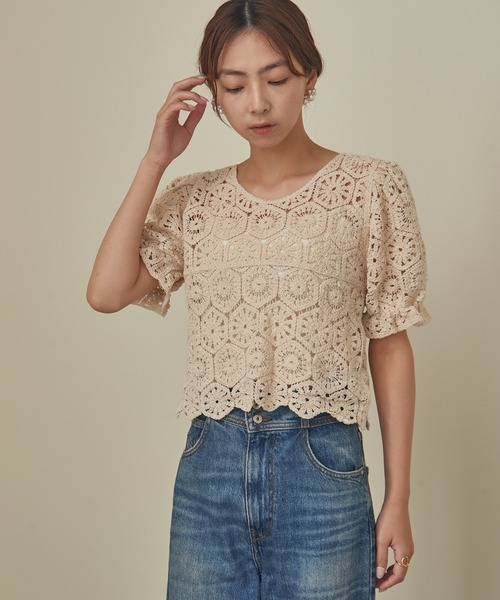 SETUP7（セットアップセブン）の「【SETUP7】クロップ丈パフスリーブ透かし柄ニット SCCH601（ニット/セーター）」 - WEAR