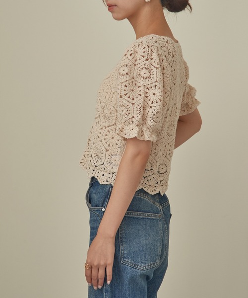SETUP7（セットアップセブン）の「【SETUP7】クロップ丈パフスリーブ透かし柄ニット SCCH601（ニット/セーター）」 - WEAR