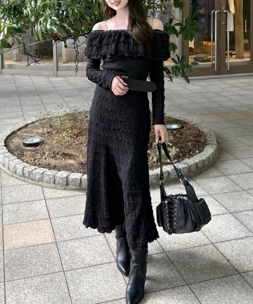 セール】レースカットオフショルワンピース 春服 秋服 冬服