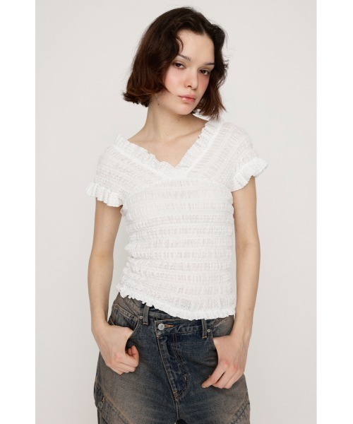 SLY（スライ）の「【2WAY】SHEER SHIRRING BUSTIER TOPS シアー シャーリング ビスチェ トップス 夏服 シアートップス 半袖（Tシャツ/カットソー）」 - WEAR