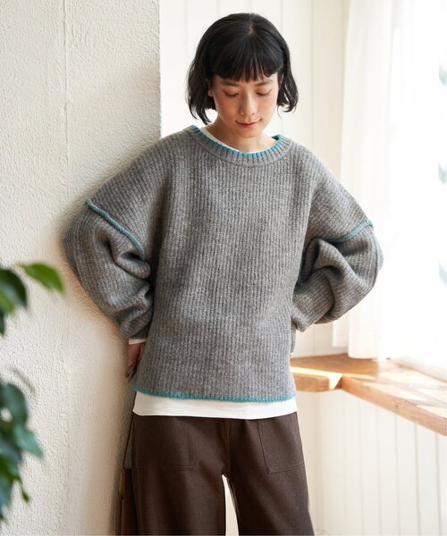 セール】ステッチ配色畦ラインニットプルオーバー（ニット/セーター