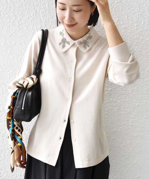 セール】【WEB限定】〈手洗い可能〉ビーズ 刺しゅう 襟付 ニット