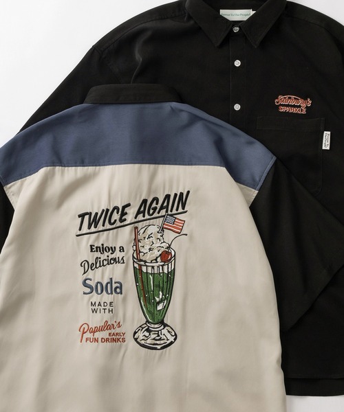 【セール】【POWER TO THE PEOPLE/パワー トゥザ ピープル】ヴィンテージライク BEER＆CREAM SODA 刺繍デザイン ビッグシルエット オープンカラー半袖シャツ ...