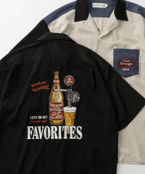 【セール】【POWER TO THE PEOPLE/パワー トゥザ ピープル】ヴィンテージライク BEER＆CREAM SODA 刺繍デザイン ビッグシルエット オープンカラー半袖シャツ ...