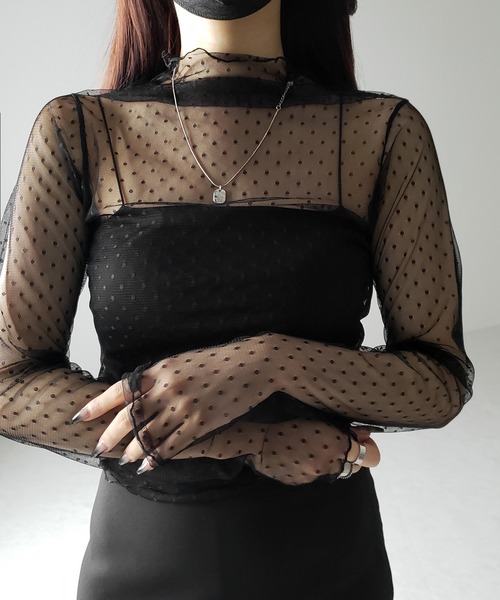 me+em select（ミームセレクト）の「【 3color 】ドットチュールハイネックシアーメロートップス ／ dot tulle ...