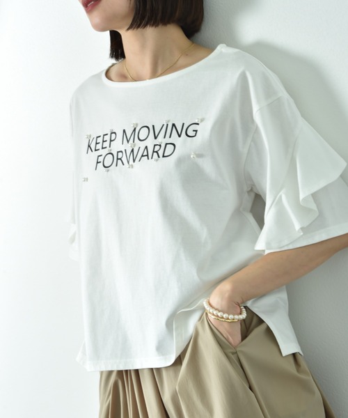 INTERPLANET（インタープラネット）の「袖フリルロゴパール付Tシャツ（Tシャツ/カットソー）」 - WEAR