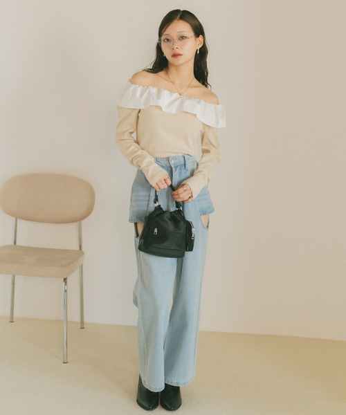 VANNIE U（ヴァニーユー）の「バイカラーフリルリブトップス/2WAY/オフショル着用可能（Tシャツ/カットソー）」 - WEAR