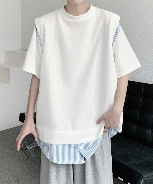 【セール】【FVLMEN】fake layered stripe tops/フェイクレイヤード ストライプ トップス（Tシャツ/カットソー ...