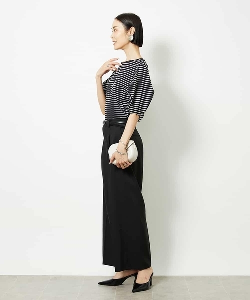 セール】[接触冷感]袖タックボーダーカットソー（Tシャツ/カットソー