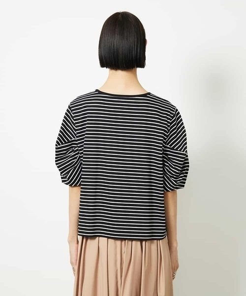 セール】[接触冷感]袖タックボーダーカットソー（Tシャツ/カットソー