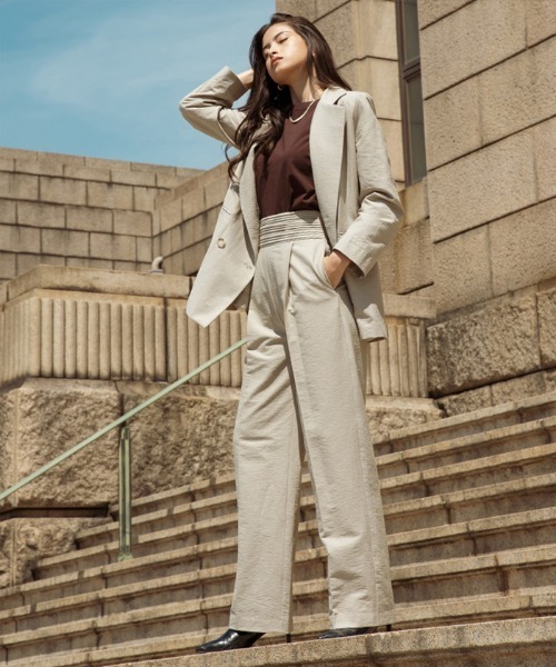 セール】リネンライクウエストマークストレートパンツ（スラックス