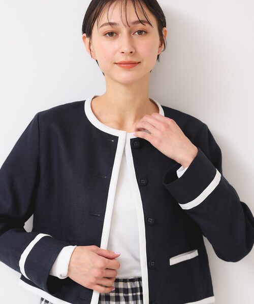 セール】【セットアップ可能・洗える】配色クルーネック麻ジャケット