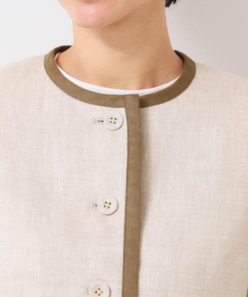 セール】【セットアップ可能・洗える】配色クルーネック麻ジャケット