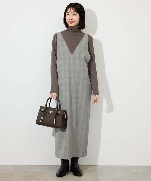 セール】【2枚セット】チェックジャンパースカート×タートルニット