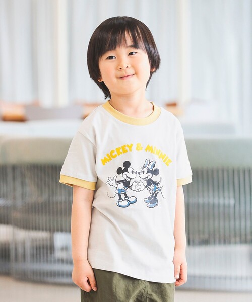 【セール】Disney / B:MING by BEAMS / MICKEY ＆ MINNIE リンガー プリント Tシャツ（80～150cm ...