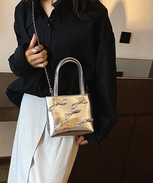 【resonance】シルバー リボン ショルダーバッグ ハンドバッグ ミニサイズ メタリック（ショルダーバッグ）｜TONE SELECT ...