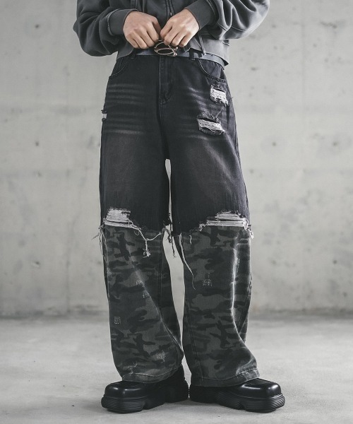 【セール】Knee Switch Camouflage Layered Denim Pants / ニースイッチカモフラレイヤードライクデニム ...