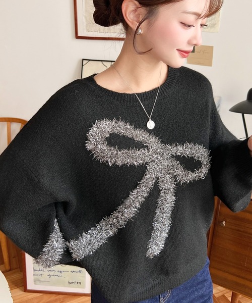 セール】ラメシャギーリボンジャガードもちもちニットプルオーバー