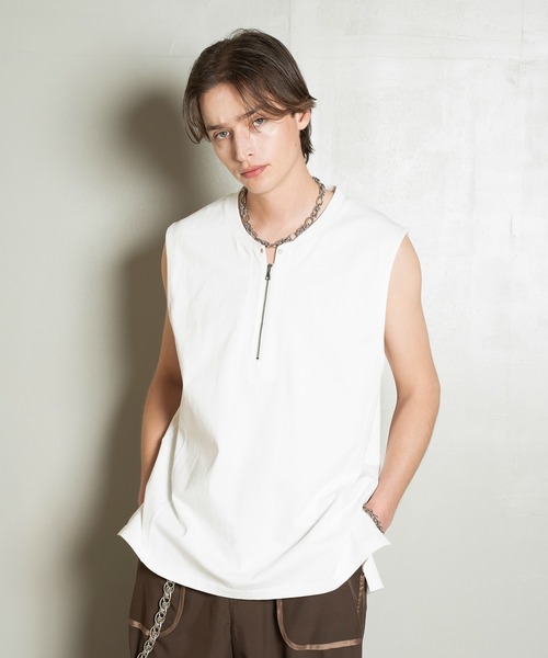 Forte（フォルテ）（フォルテ）の「Side Slit Zip No-sleeve T-shirts/ジップノースリーブTシャツ/洗える（T ...