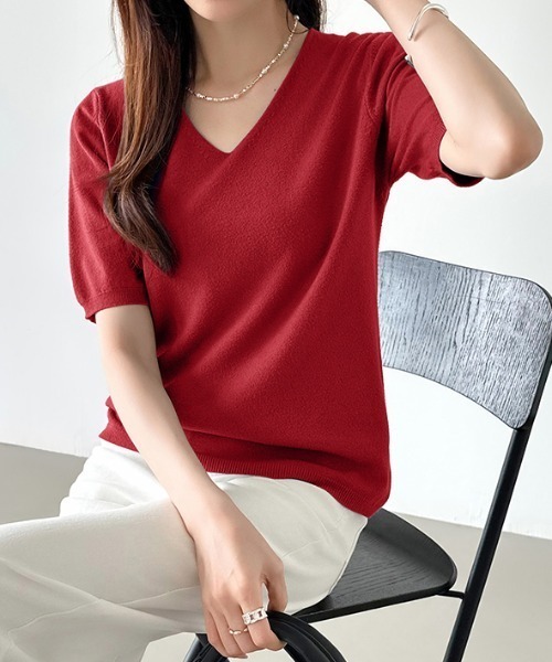 COCOMOMO（ココモモ）の「Vネック五分袖サマーニット（ニット/セーター）」 - WEAR