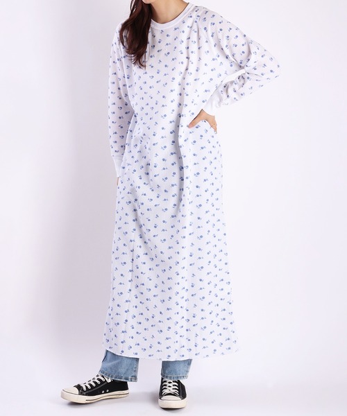 【セール】JEMORGAN / ジェーイーモーガン 青小花柄 長袖 ラグランスリーブ ワッフル ロングワンピース（ワンピース ...