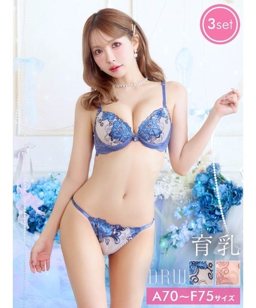 DRW（ドロー）の「[3点セット] ローズブロッサムレース育乳脇高ブラジャー&バック透けフルバック&Tバックショーツ（ブラ&ショーツ）」 - WEAR