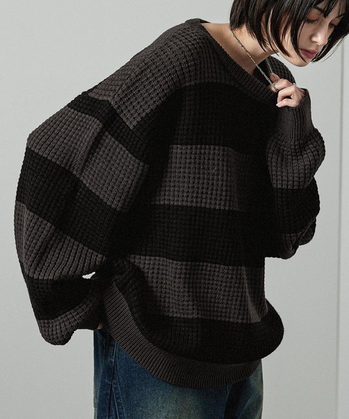 Alfred Alex（アルフレッドアレックス）の「【Alfred Alex】ボーダーバルキーワッフル オーバーサイズニット（ニット/セーター ...