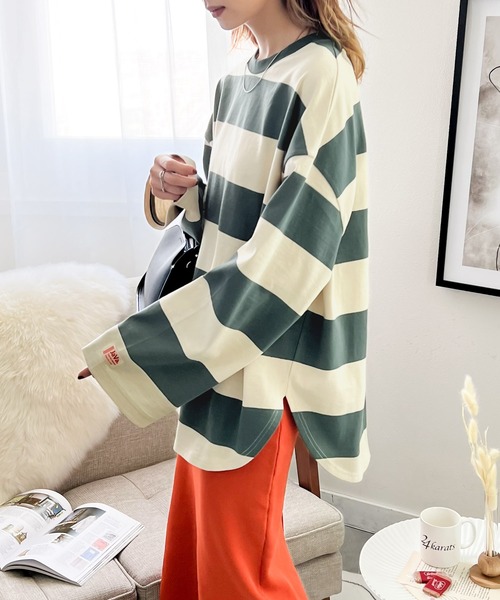 Java（ジャバ）の「《JaVa ジャバコラボ》目を惹く、カジュアル。綿100％ワイドボーダー裾ラウンドbigシルエットロンTee（Tシャツ/カットソー）」 - WEAR