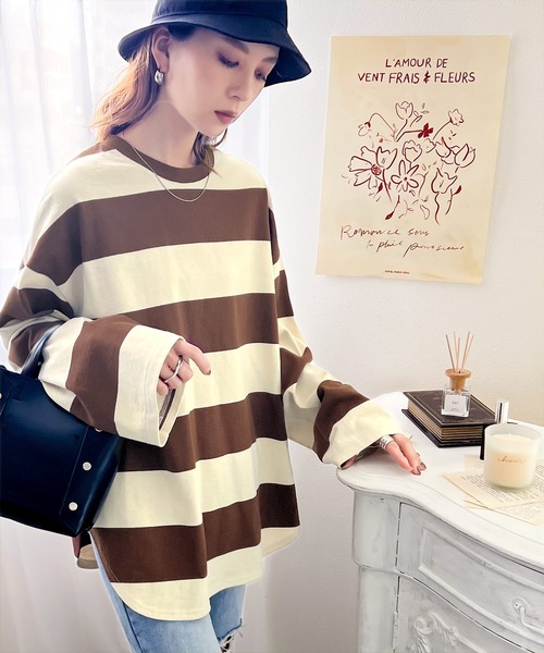 Java（ジャバ）の「《JaVa ジャバコラボ》目を惹く、カジュアル。綿100％ワイドボーダー裾ラウンドbigシルエットロンTee（Tシャツ/カットソー）」 - WEAR