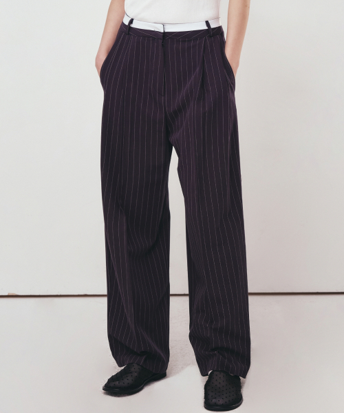 DOUBLE WAISTBAND TAILORED STRIPE PINTUCK SLACKS_NAVY（スラックス）｜NICK&NICOLE ...