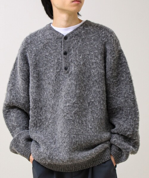 モヘアタッチ/ユニセックス対応】ヘンリーネックプルオーバーニット