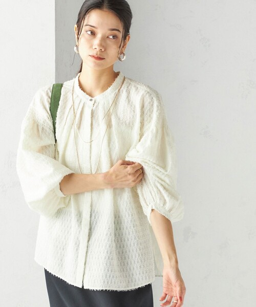 セール】〈手洗い可能〉シアー ジャカード 袖 シャーリング ブラウス