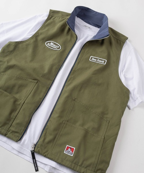 【BEN DAVIS/ベンデイビス】ワンポイントロゴ刺繍＆バイカーワッペンデザイン リバーシブル スタンドベスト/REVERSIBLE ...