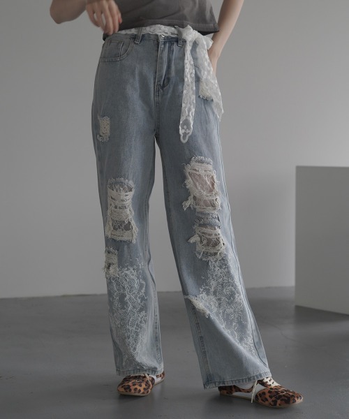 Clum（クルム）の「Lace repaired damaged wide straight denim pants / レースリペアダメージワイドストレートデニムパンツ（デニムパンツ ...