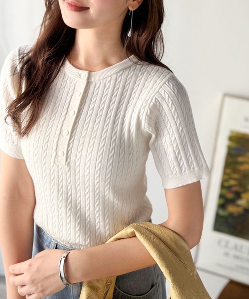 セール】シンプルな心地よさ。半袖ヘンリーミニケーブルニット（半袖