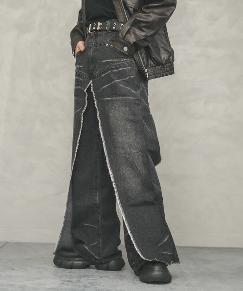 【セール】Vintage Wash Fringe Flap Drape Wide Straight Denim Pants / ビンテージ ...