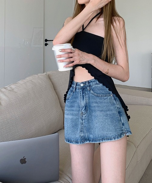 Mejane ミージェーン の ハイウエスト台形デニムミニスカパン デニムスカート Wear